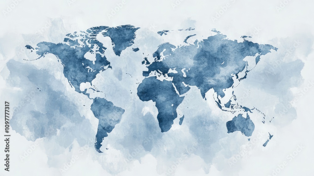 Artistic blue watercolor world map on a light backdrop, highlighting ...