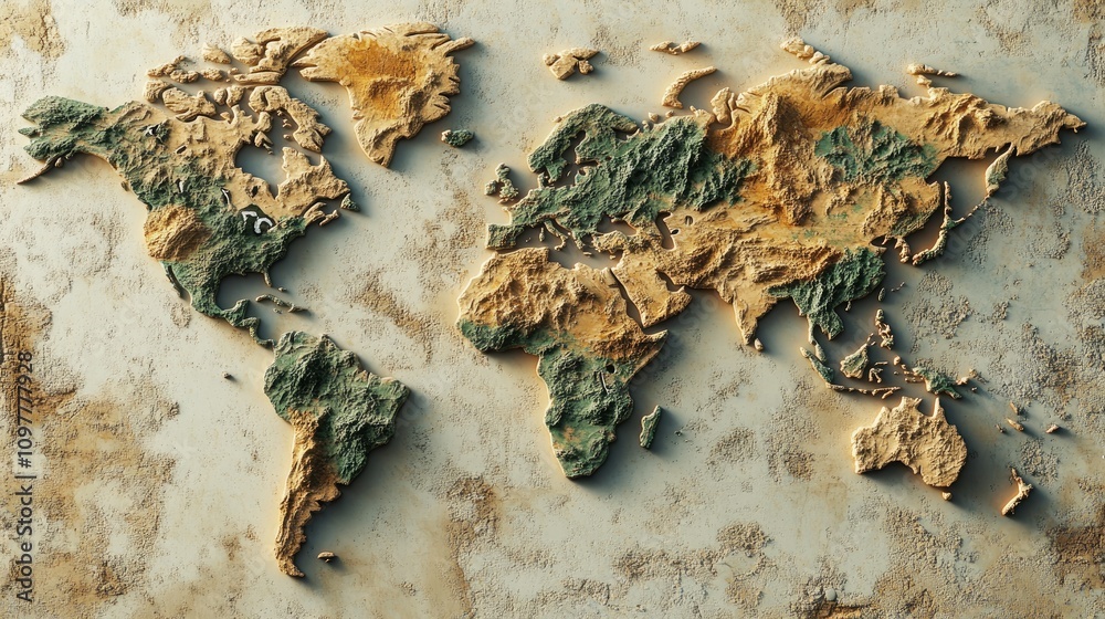 Artistic relief map of the world featuring textured landforms and a ...