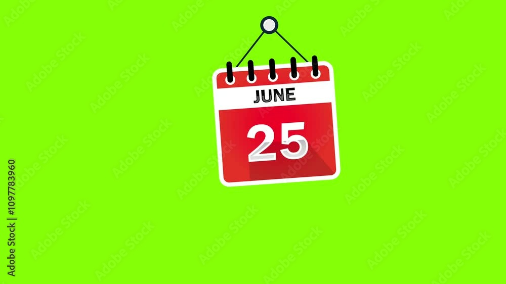 June 25 Calendar Sign on green screen background, chroma key. Calendar ...