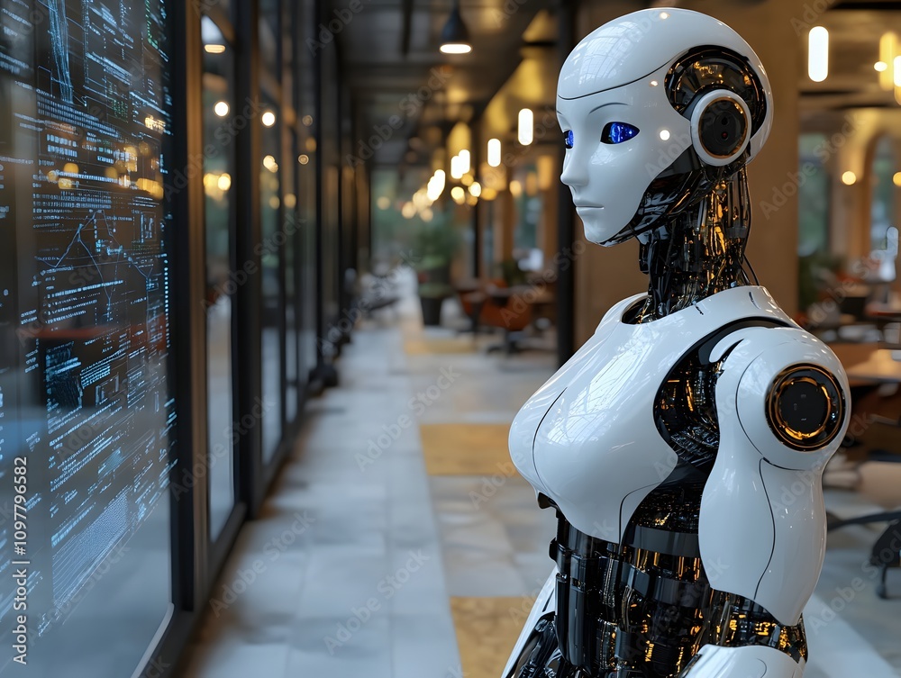 A futuristic humanoid robot stands in a modern setting, gazing out at ...
