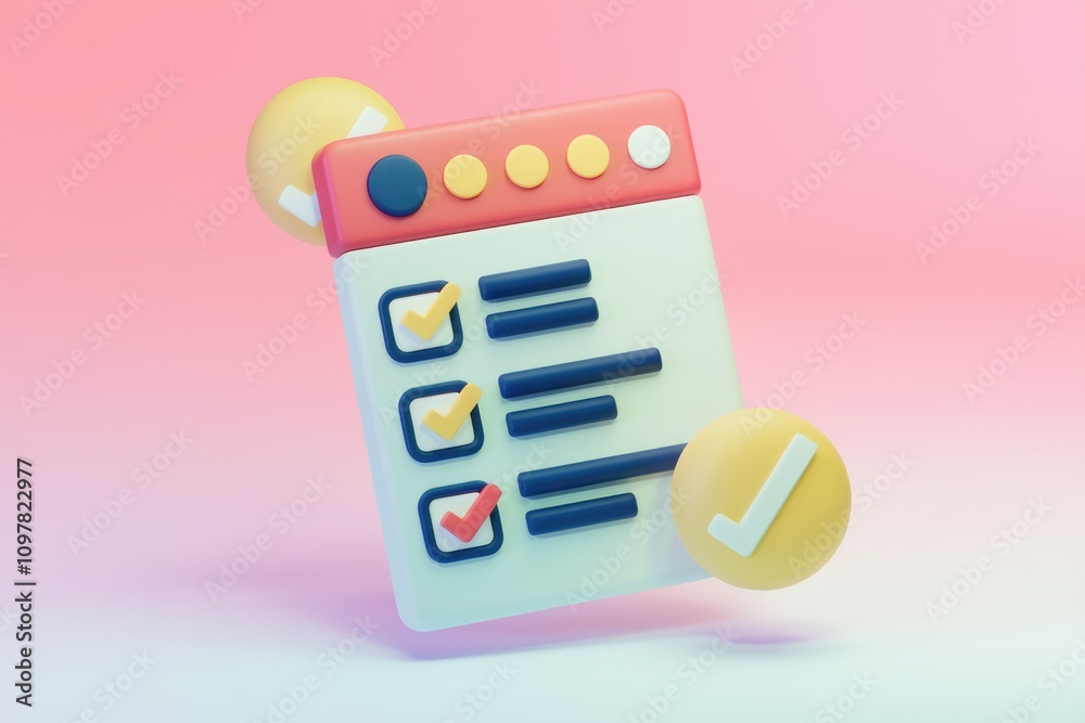 3D render of a checklist app interface with checkmarks signifying task ...