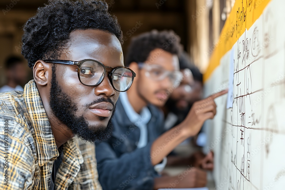 A group of employees brainstorming together, connecting various ...