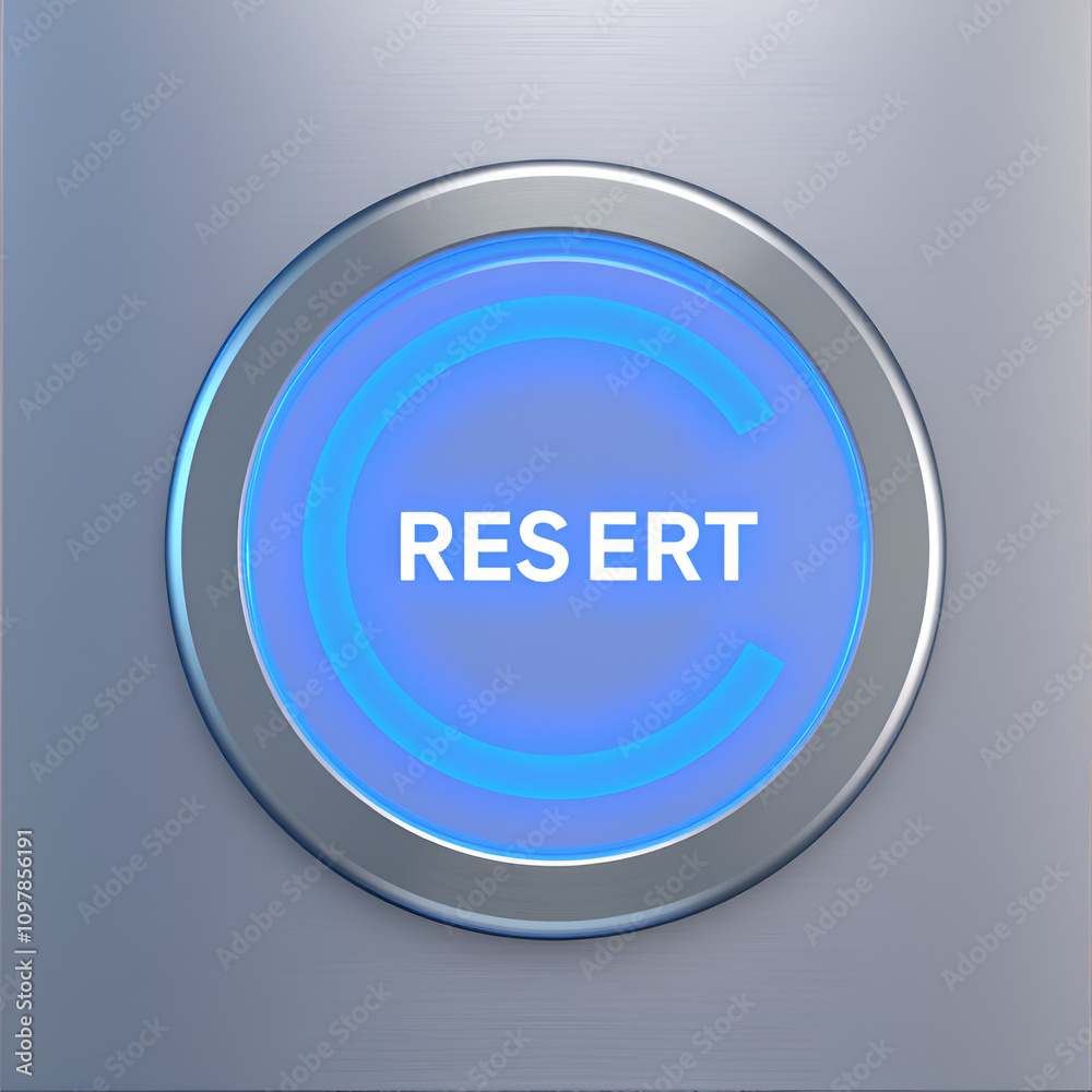 Blue glowing restart button on metallic background. Rebooting the ...