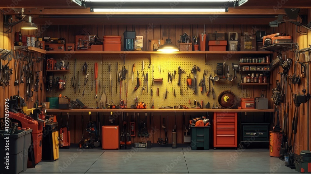 A clean and organized garage with power tools arranged on a pegboard ...