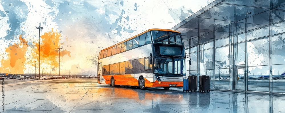 Artistic sketch of orange and white bus at a modern airport Stock ...