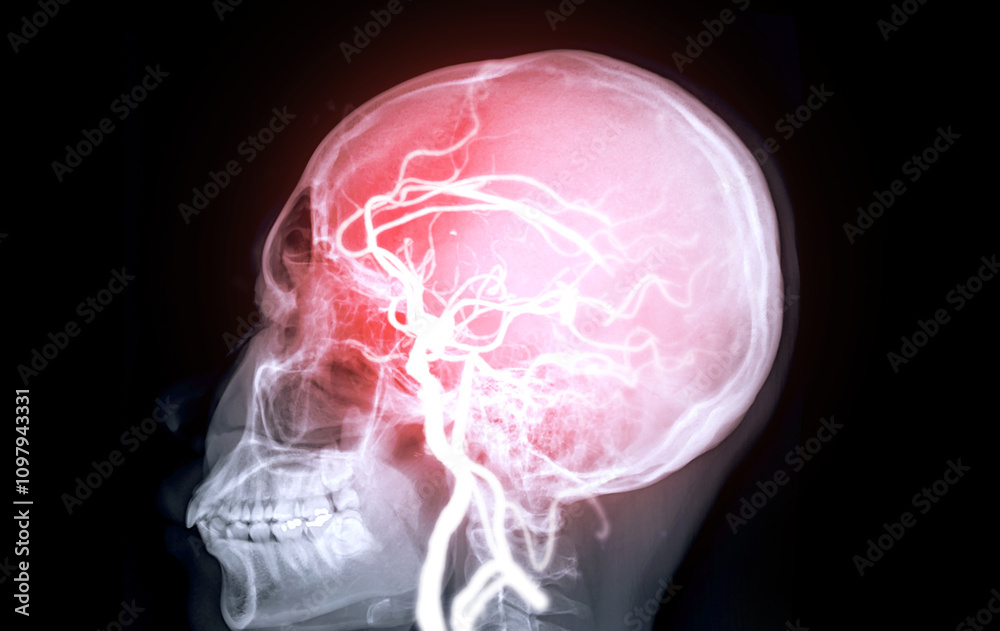 This striking image of a cerebral angiogram highlights the brain's ...