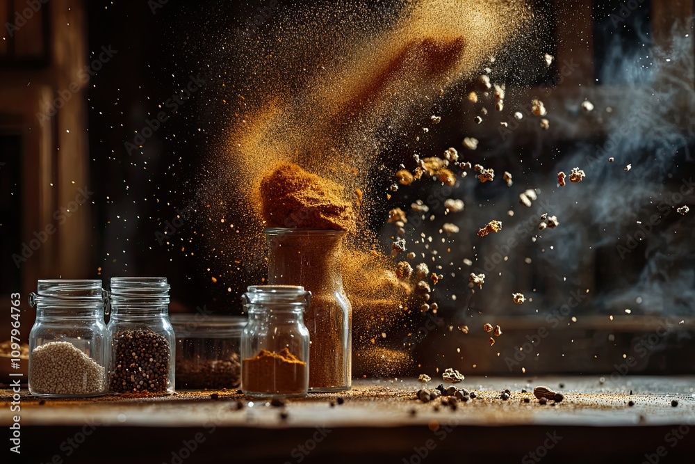 Spices in tiny glass jars and loose powders spilling mid-air on a ...