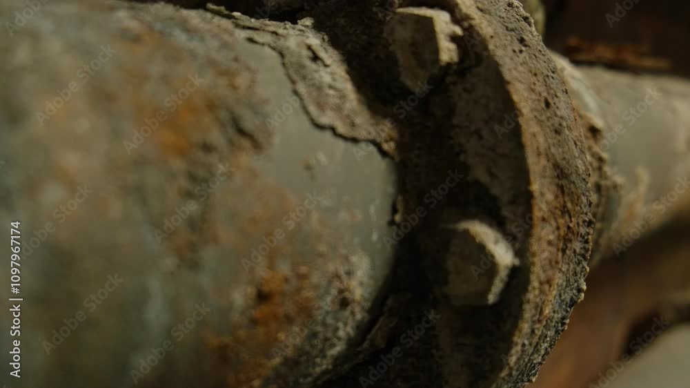 Detailed view of corroded industrial metal pipes with rust, flaking ...
