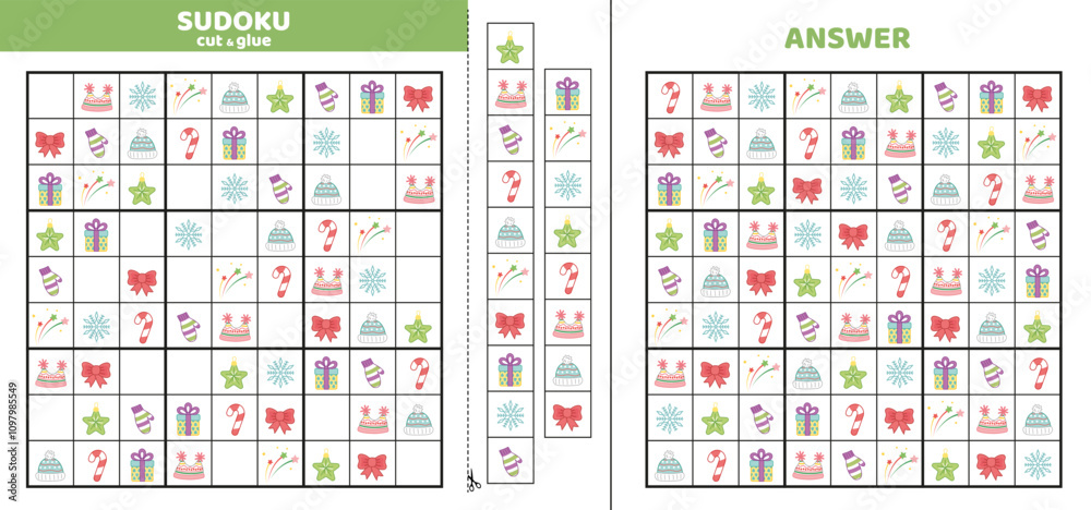 Hard sudoku with nine New year and winter elements. Game puzzle for ...