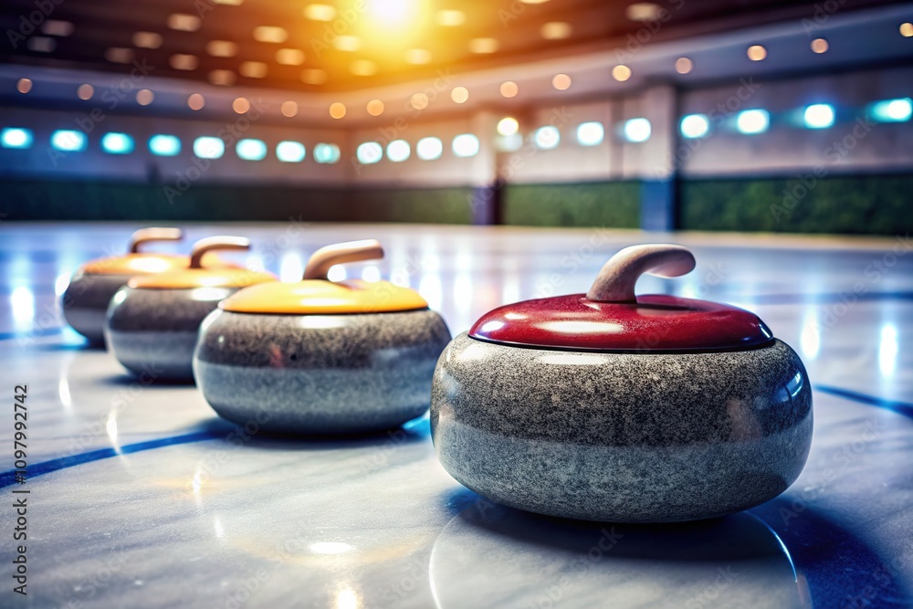 Curling stones on ice, a masterful display of the rule of thirds, with ...