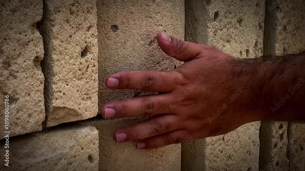 Man sliding hand against old ancient red brick wall in slow motion ...