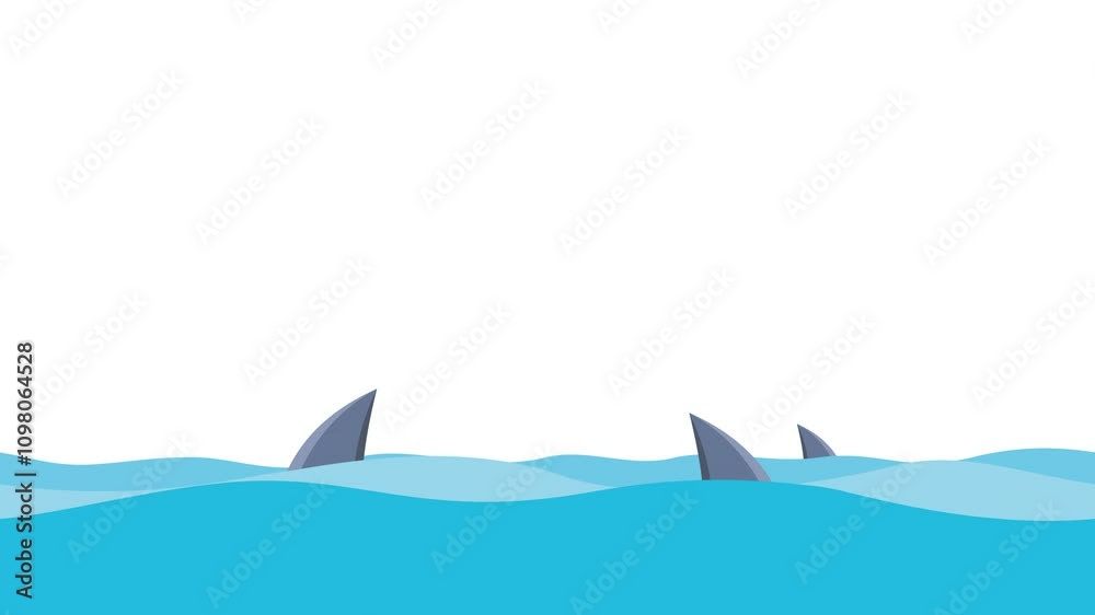 illustration of a group of sharks showing their fins on a wavy sea ...