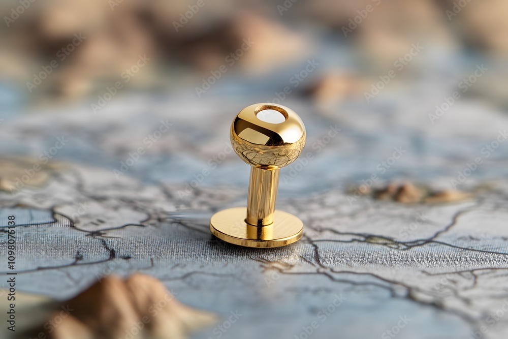 A brass pin on top of an old map with a shape and texture resembling ...