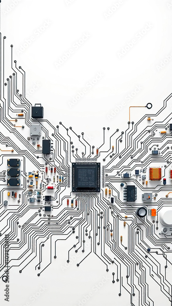 Electronic circuit diagram with complex components and wiring, digital ...