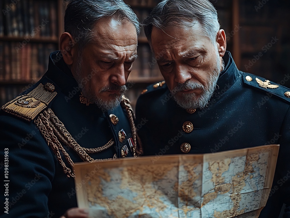 Two Veteran Military Generals Examining Battle Map Strategizing Next ...