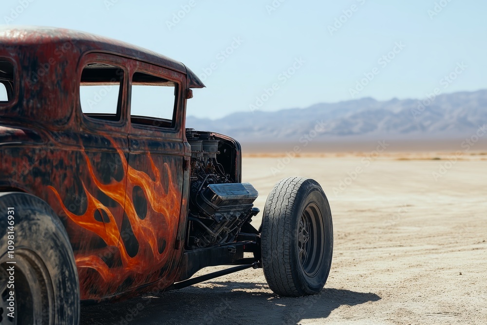 Custom hot rod with flame decals and exposed engine in a desert setting ...
