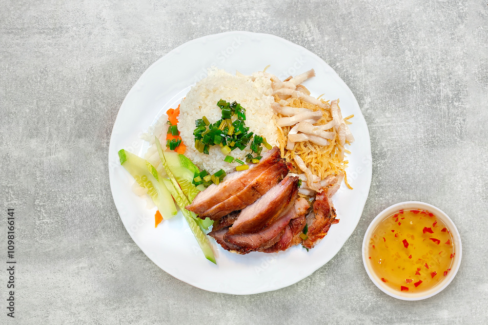 Broken rice with grilled pork chop, meatloaf and shredded pork skin ...
