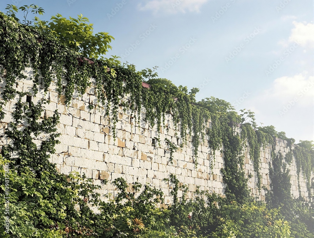 Weathered stone wall with overgrown vegetation, outdoor setting ...