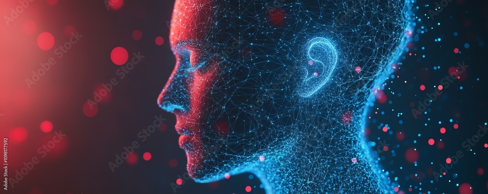 Digital human profile formed with blue and red data connections and ...