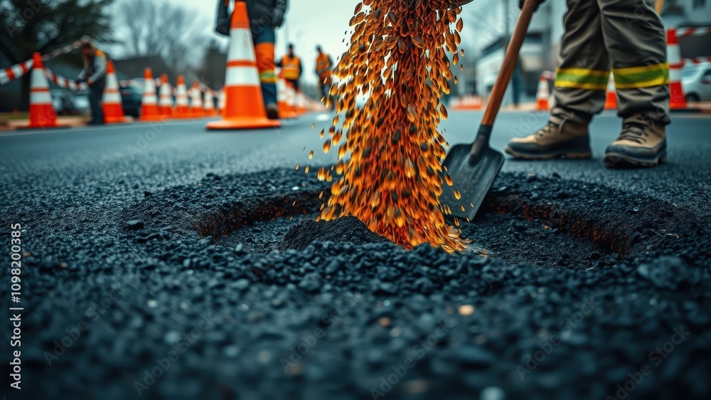Asphalt being poured into a road pothole by a worker using a shovel ...