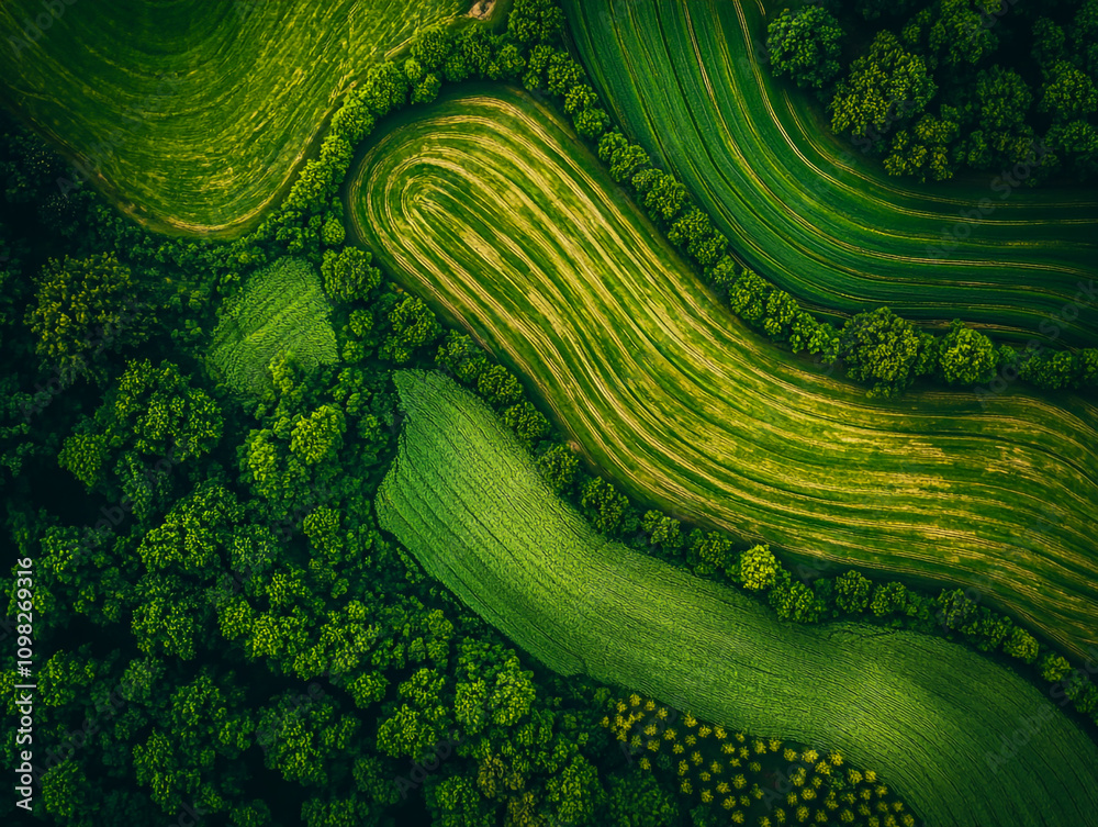Aerial view of green farm fields with rows of crops, top down ...