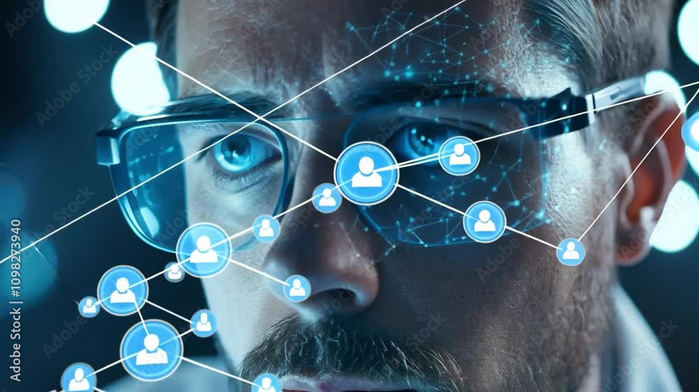 Cybernetic Visionary: A close-up portrait of a focused man wearing ...