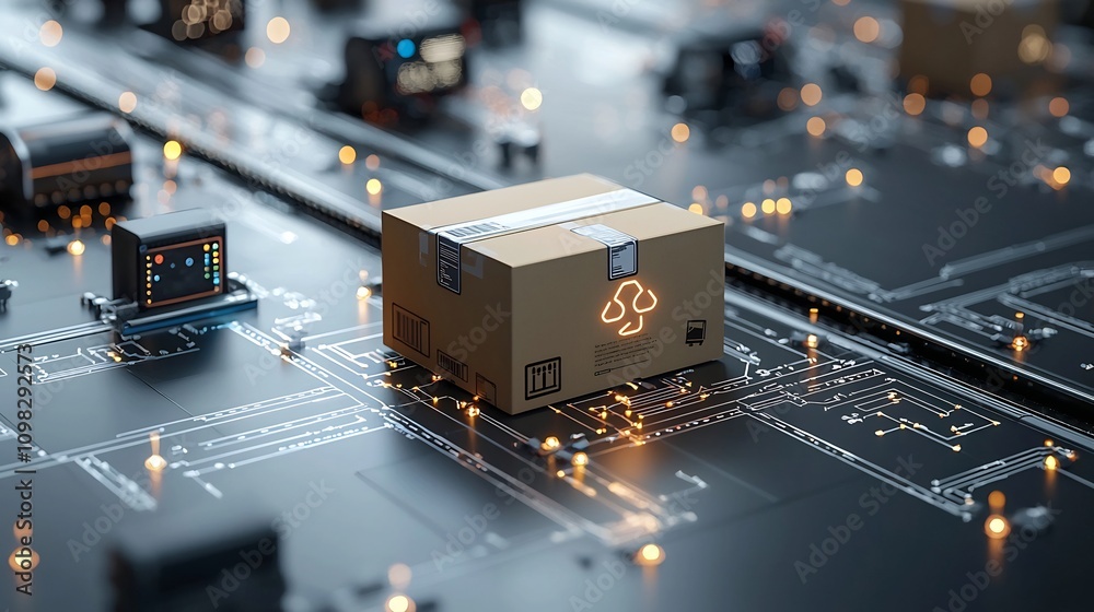 Glowing delivery box traveling on a conveyor belt with nodes and ...