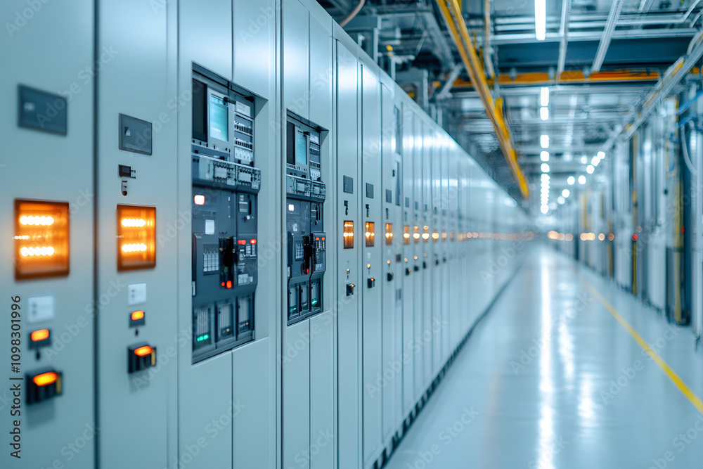 Foto de Modern electrical control room with rows of industrial ...