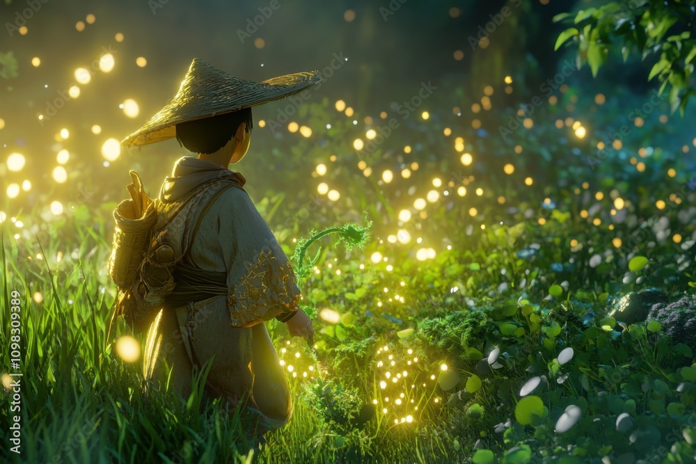 Character harvesting resources from a magical node with gathering ...
