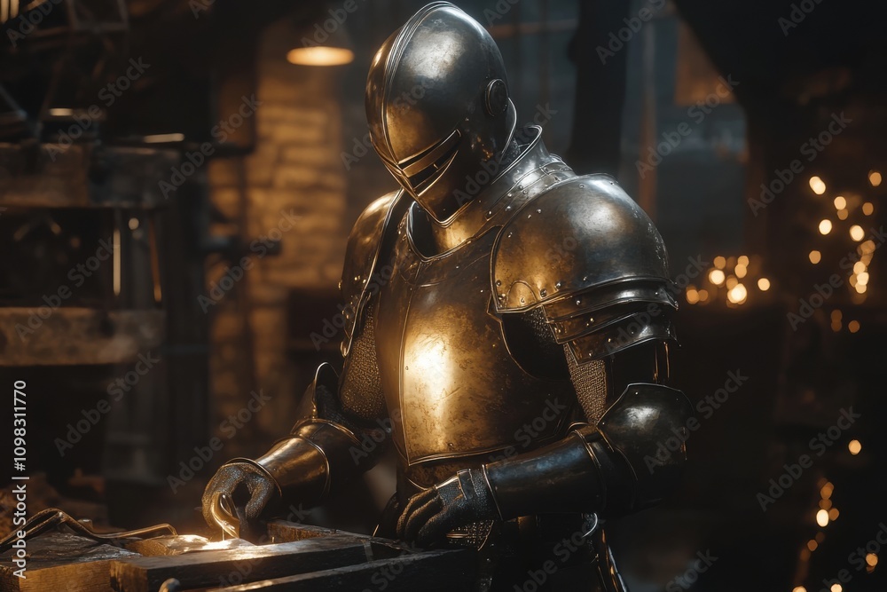 Character upgrading their armor at a blacksmith with armor upgrade UI ...