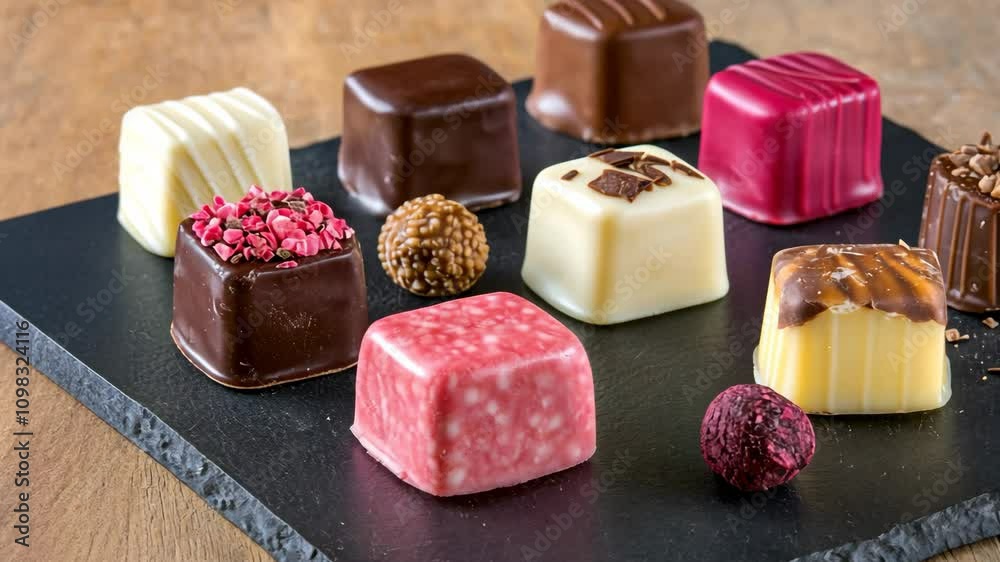 Exquisite handmade chocolates arranged on a black slate board with ...