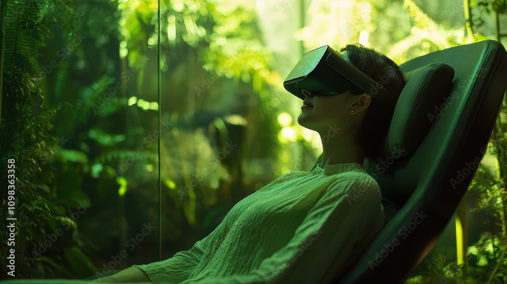 Immersed in lush green environment, woman relaxes in chair while ...
