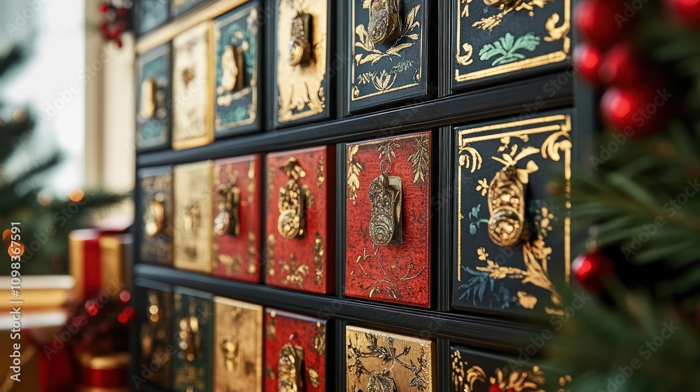 Advent calendar with drawers made from decorative metal, adorned with ...