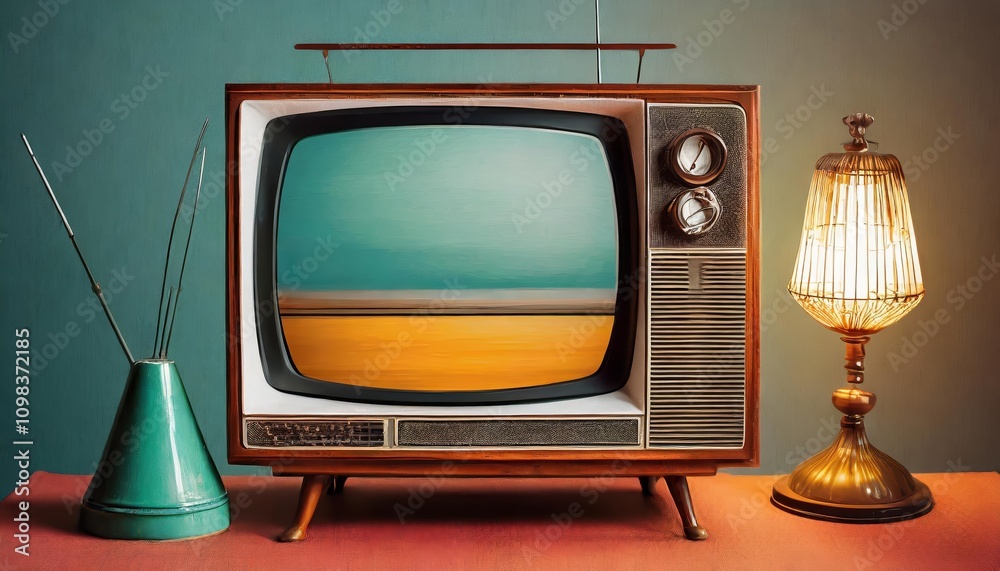 Vintage Analog Television Illustration with a Retro Lamp Beside It on a ...