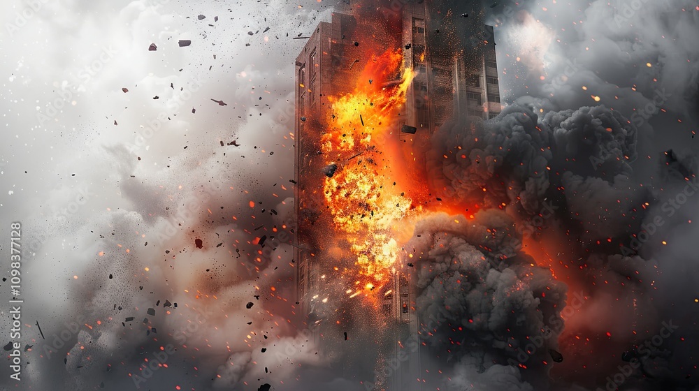 Photograph of a fiery explosion engulfing a tall building, with smoke ...