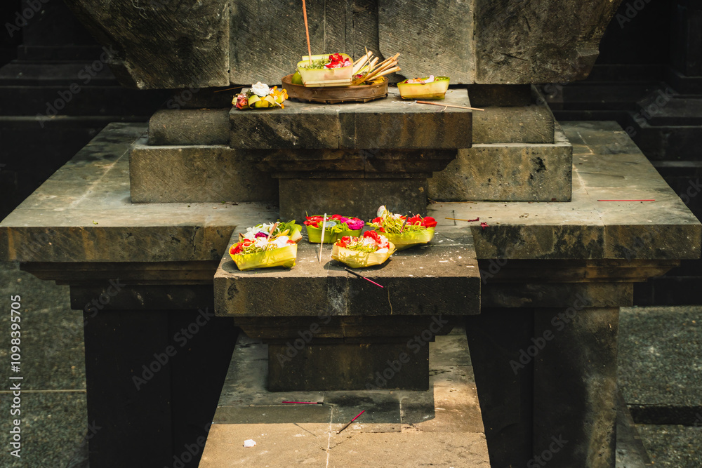Traditional offering at temple in Indonesia, also known as 'sesajen ...