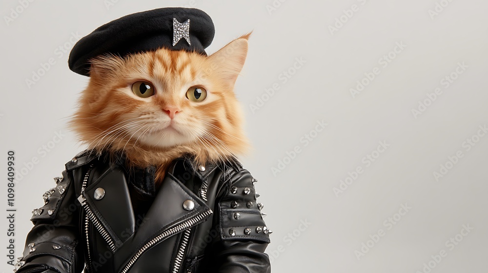 Stylish Ginger Cat in Black Leather Jacket and Military Beret Pose ...