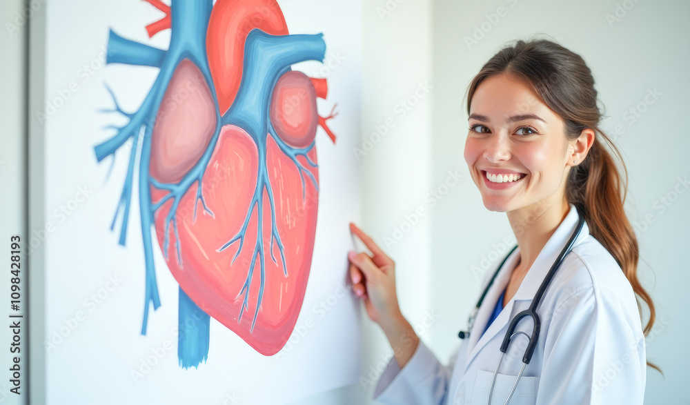 The cardiologist doctor smiles and points his finger at a poster with a ...