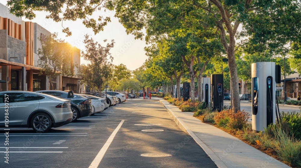 Electric Vehicles Charging in a Row Along a Street with Shops and Trees ...