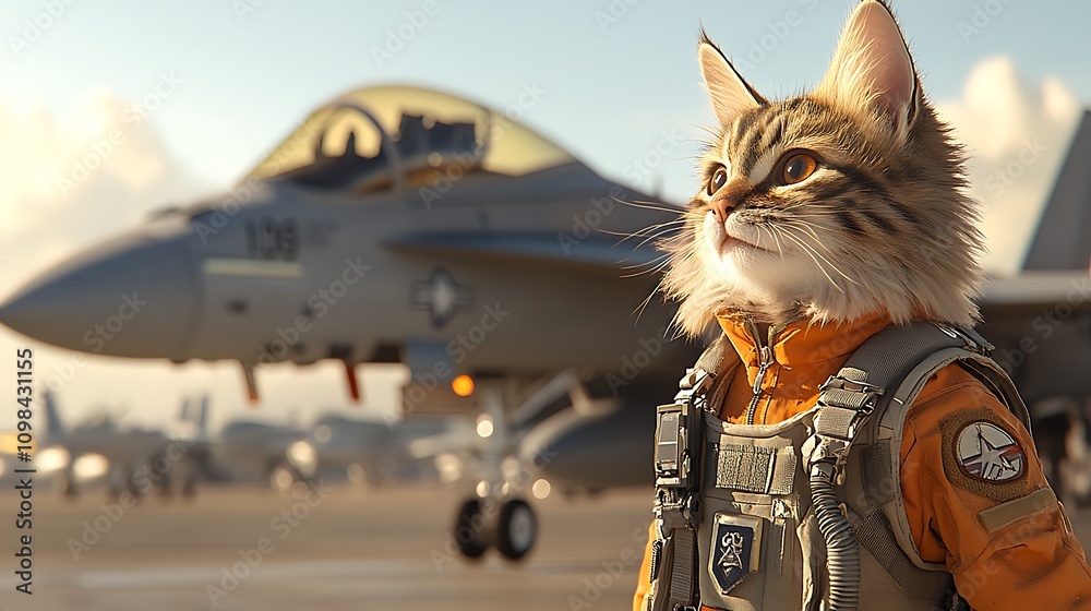 Cat in Flight Suit Standing Proudly in Front of Fighter Jet at Airbase ...