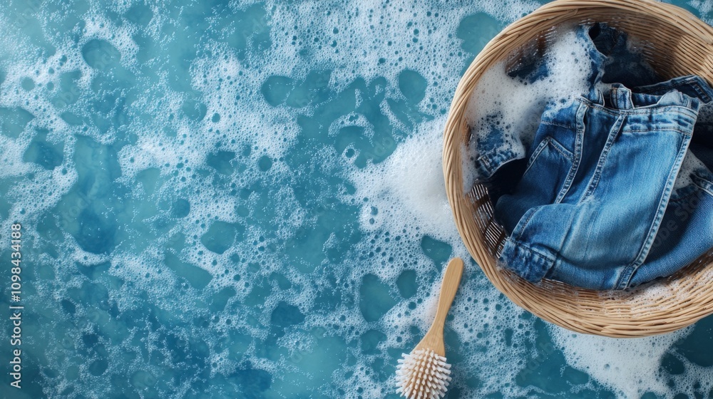 Denim Jeans Soaking in a Wicker Basket with Soapy Water Stock Photo ...