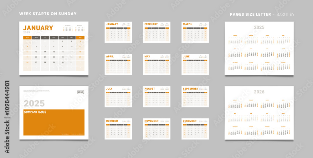 Set of 2025 Pages Monthly Calendar Planner Templates, Cover with Place ...