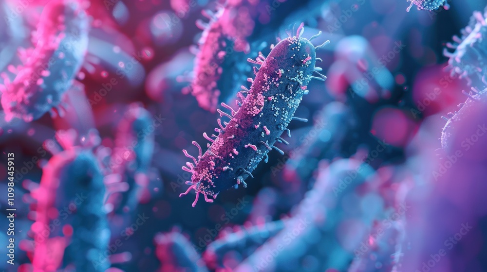 photograph of close up of 3d microscopic blue and pink bacteria ...
