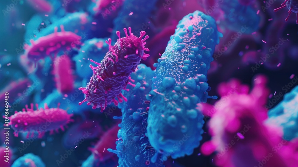 photograph of close up of 3d microscopic blue and pink bacteria ...