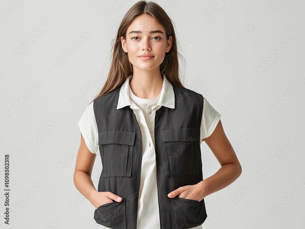 Blank vest on a model, front view, hands in pockets, minimalist studio ...