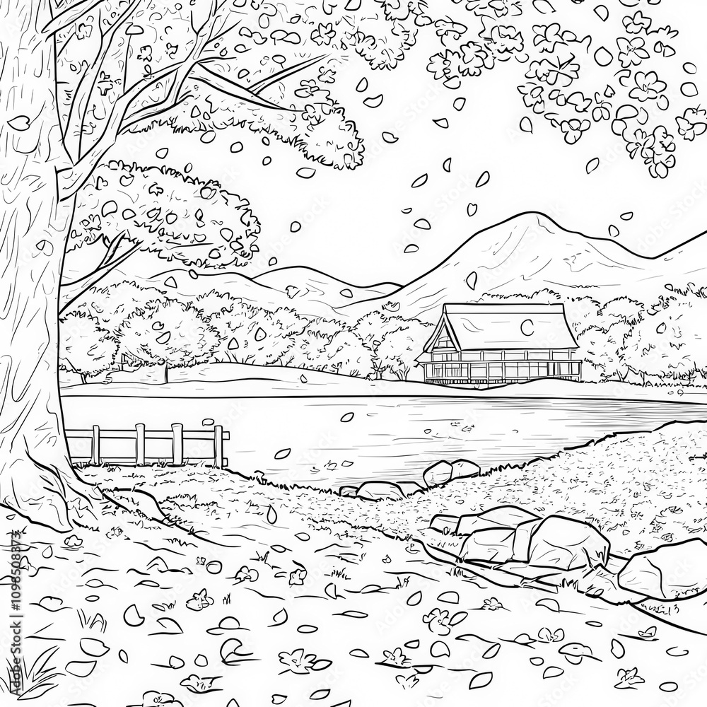 A scene of cherry blossoms falling during hanami season, anime coloring ...