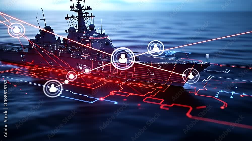 A military destroyer model with glowing red and blue technical ...