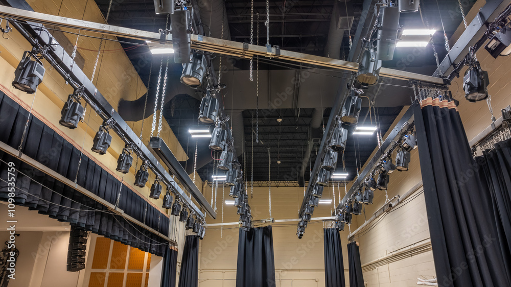 Theater stage rigging with theatrical equipment, lighting, supports ...
