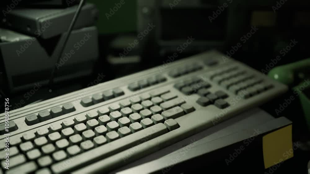 An old computer keyboard is placed on a desk cluttered with electronic ...