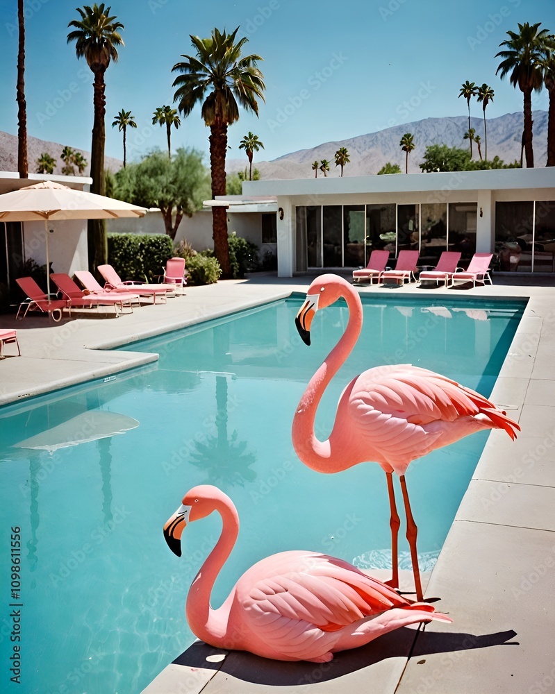 flamingo birds by swimming pool og ai resort with palm trees in palm ...